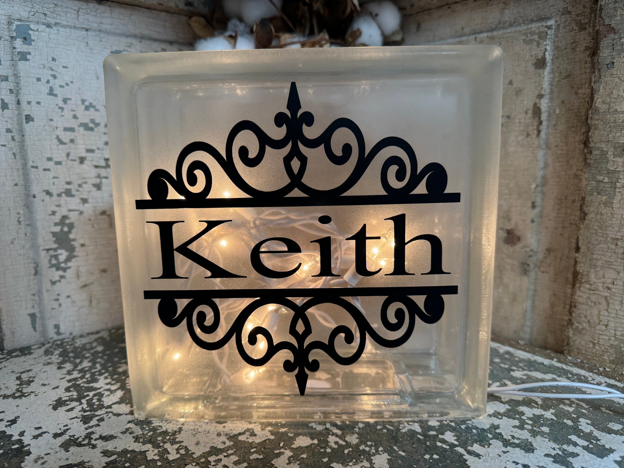 Wrought Iron Sir Name Frosted Lighted Glass Block | Keith's Kountry ...